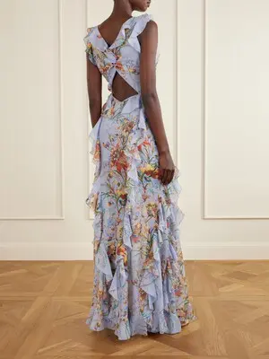 Etro Ruffled Tiered Paisley And Floral-print Satin Maxi Dress - Blue