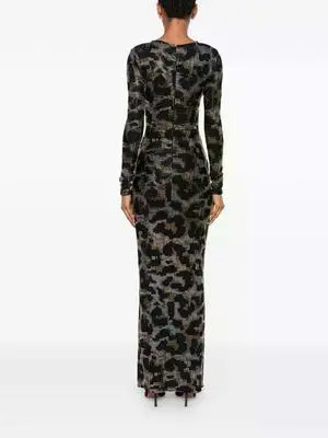 MIRON Embellished Ruched Leopard Print Maxi Dress - Black