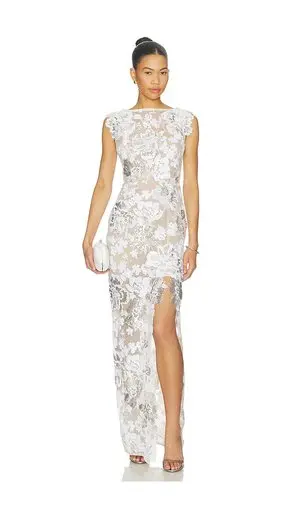 BRONX BANCO Como Ellie Cap Sleeve Maxi Dress - White,metallic Silver