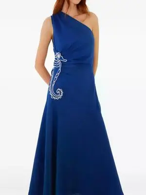 Farm Rio One-shoulder Seahorse Embroidery Maxi Dress