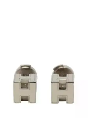 Hermès Palladium Plated And Enamel Cage D'h Push Back Earrings - Silver