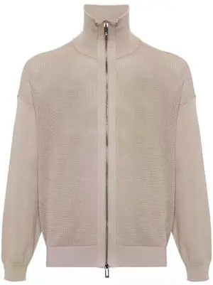 Emporio Armani High Neck Zip-up Cotton Cardigan - Neutrals
