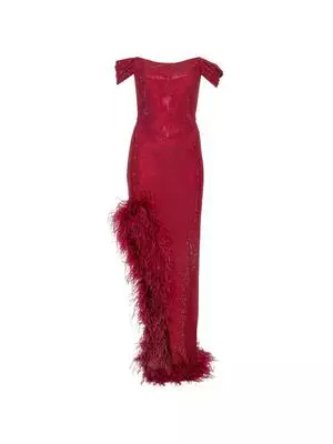 MIRON Crystal-embellished Feather-trim Maxi Dress - Red