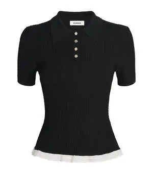 Sandro Ribbed Knit Polo Shirt With Lace Trim - Black