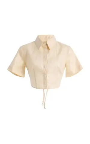 Matthew Bruch Cropped Linen Shirt With Tie-back Detail - Ivory