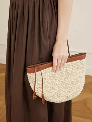 HUNTING SEASON Leather-trimmed Raffia Clutch