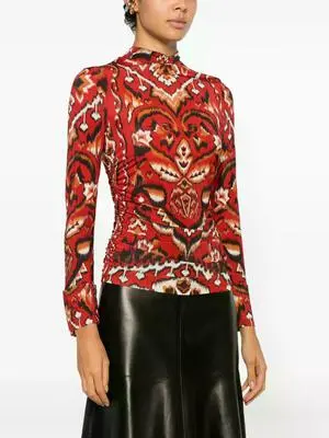 Farm Rio Geometric Print Ruched Long-sleeve Top - Red