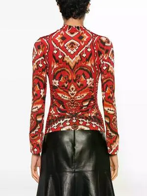 Farm Rio Geometric Print Ruched Long-sleeve Top - Red