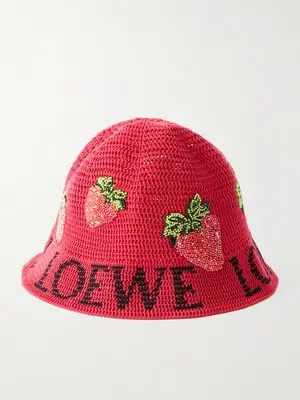 Loewe Strawberry Embellished Crocheted Bucket Hat - Red