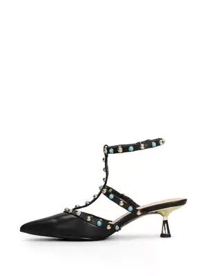 GOLD & ROUGE Leather Embellished Kitten Heel Pumps - Black