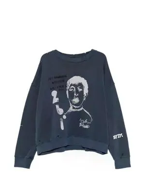 SONG FOR THE MUTE Graphic Print Distressed Sweatshirt - Blue