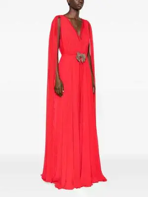 SILK LOVE & LACE Ilena Cape-sleeve Pleated Maxi Dress - Red
