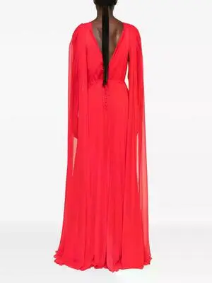 SILK LOVE & LACE Ilena Cape-sleeve Pleated Maxi Dress - Red