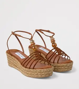 JIMMY CHOO Lemi 50 Suede Wedge Sandals With Beaded Detailing - Brown