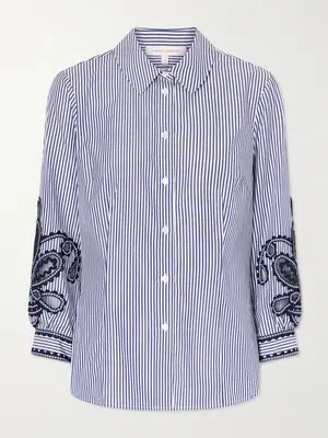 Carolina Herrera Embroidered Striped Cotton-poplin Shirt - Blue