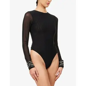 GRACE FAENA Mesh Bodysuit With Embellished Cuffs