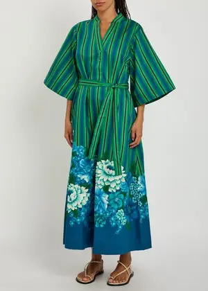 ALEMAIS Alémais Striped Cotton-poplin Midi Dress With Floral Print - Multicoloured