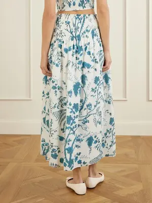Erdem Shirred Floral-print Cotton And Linen-blend Midi Skirt - White