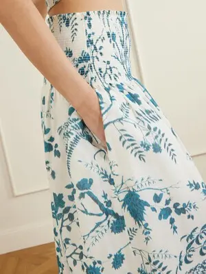 Erdem Shirred Floral-print Cotton And Linen-blend Midi Skirt - White