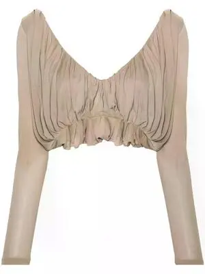 Saint Laurent Pleated Cropped Blouse - Neutrals