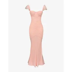 House Of Cb Antonella Gathered Bodice Stretch-mesh Maxi Dress - Peach