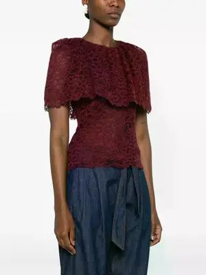 SELF-PORTRAIT Burgundy Lace Ruffled Overlay Top