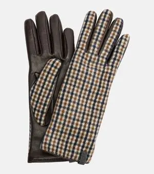 Brunello Cucinelli Monili Checked Virgin Wool And Leather Gloves - Brown