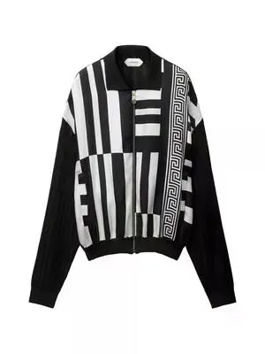 Versace Printed Silk Inserts Knit Zip Cardigan - Black