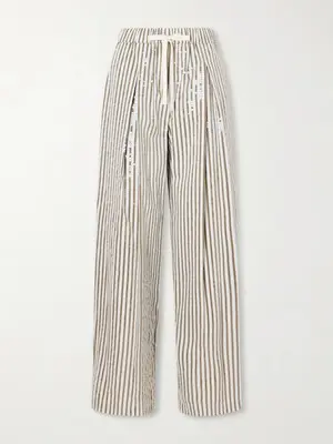 TWP Sequin-trimmed Striped Cotton-blend Wide-leg Drawstring Pants - Multi