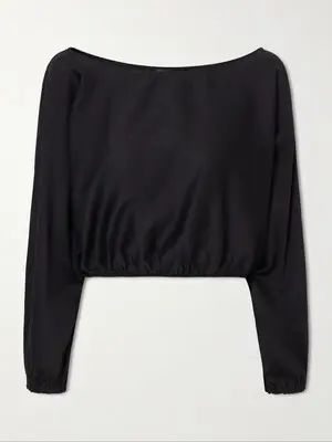 LESET Cropped Gathered Cotton-poplin Top - Black