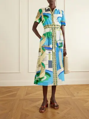 Tory Burch Belted Printed Silk And Cotton-blend Maxi Dress - Multi