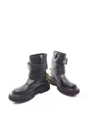 Moschino Leather Gold-tone Logo Buckle Detail Combat Boots