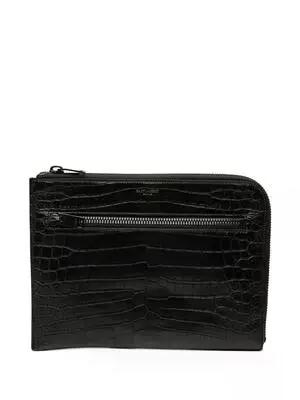Saint Laurent Croc Embossed Leather Clutch Bag - Black