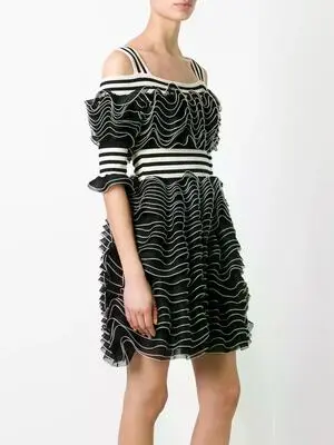 Alexander McQueen Ruffle Mini Dress With Cold Shoulder And Striped Detailing