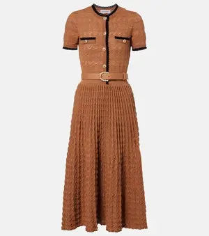 SELF-PORTRAIT Belted Pointelle Cotton-blend Midi Dress - Beige
