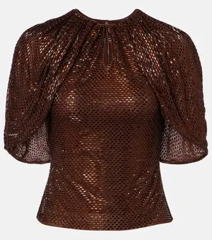 SELF-PORTRAIT Embellished Mesh Top - Brown