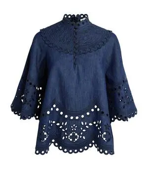 Zimmermann Mahon Denim Broderie Blouse - Navy