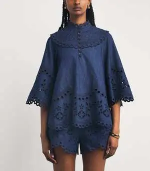 Zimmermann Mahon Denim Broderie Blouse - Navy