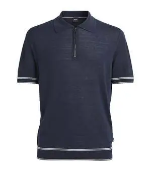 BOSS Linen-blend Zip-up Polo Shirt - Blue