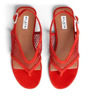 Alaïa Suede Fishnet Thong Sandals - Red