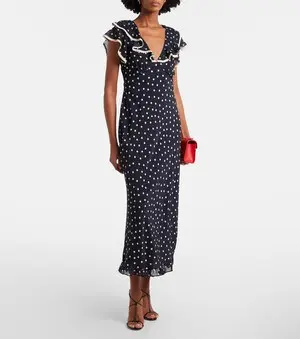 Rixo Bethea Polka-dot Crepe De Chine Midi Dress - Blue