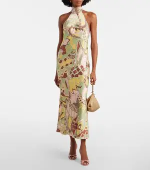 Rixo Maura Printed Halterneck Satin Midi Dress - Multicoloured