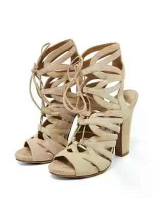 Prada Beige Suede Lace-up High Block Heel Cage Sandals - Neutrals