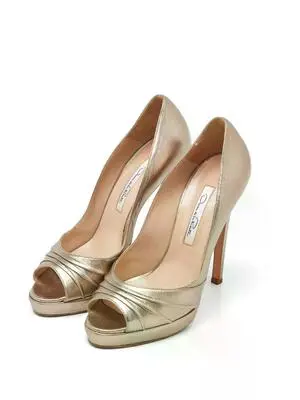 Oscar De La Renta Tone Metallic Pleated Peep-toe Platform Stiletto Heels
