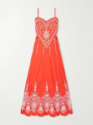 Farm Rio Heart Broderie Anglaise Cotton Midi Dress - Red