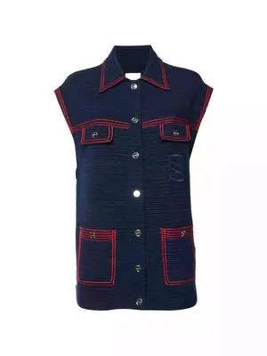 Sandro Sleeveless Jacket With Contrast Topstitching - Blue