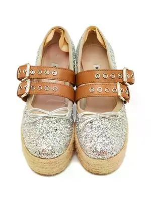 Miu Miu Glitter Platform Espadrille Ballet Flats With Double Buckle Detail