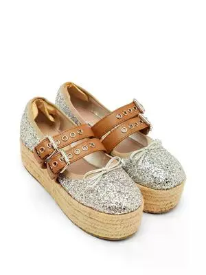 Miu Miu Glitter Platform Espadrille Ballet Flats With Double Buckle Detail