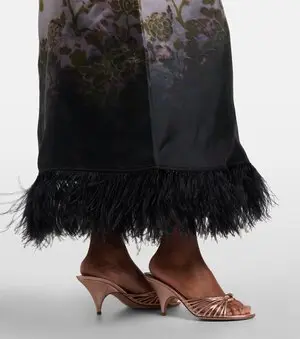 La DoubleJ Swing Feather-trimmed Floral Silk Twill Maxi Dress