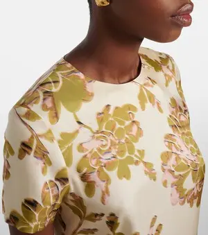 La DoubleJ Swing Feather-trimmed Floral Silk Twill Maxi Dress
